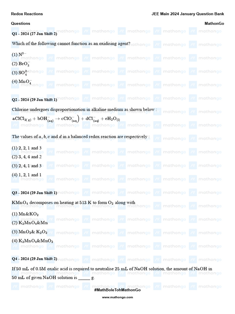 JEE Main 2024 Redox Reaction Questions | PDF | Physical Chemistry ...