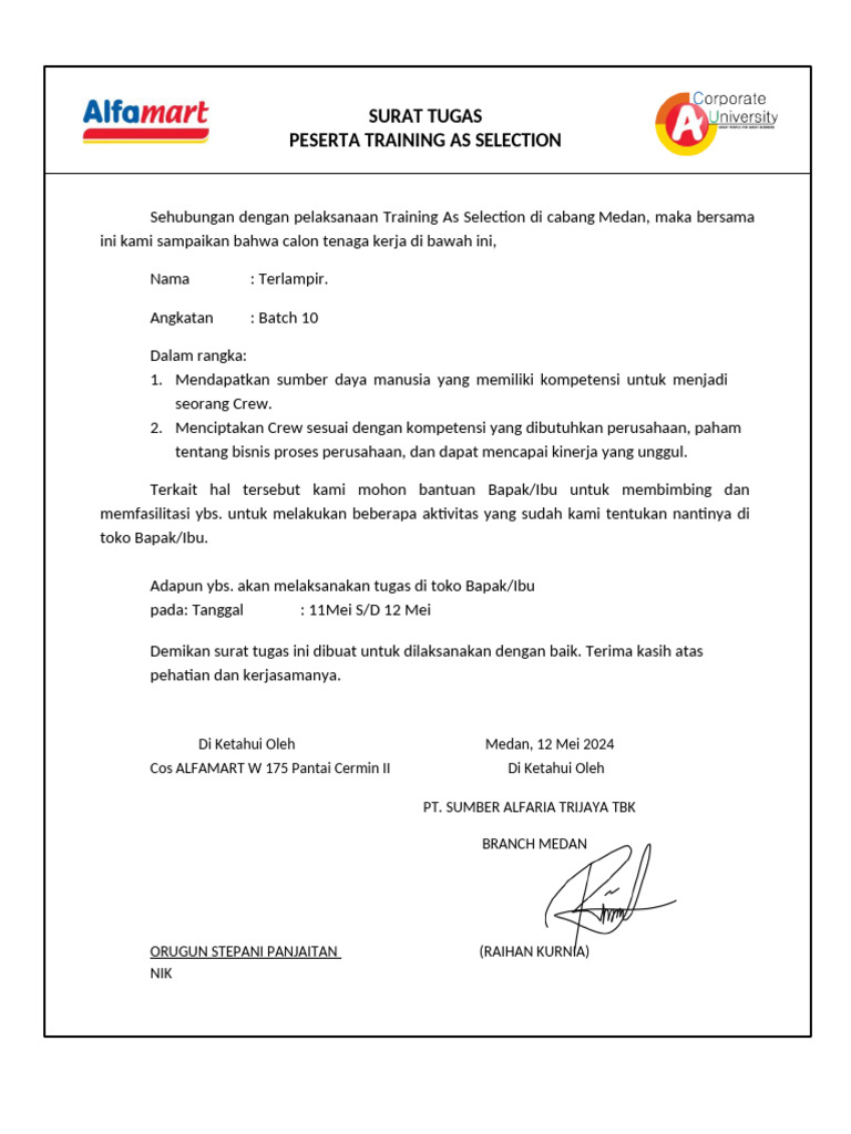 Surat Tugas Training Crew Alfamart | PDF | Bisnis