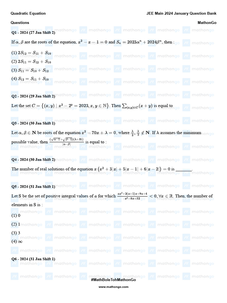 Quadratic Equation - JEE Main 2024 January Question Bank - MathonGo ...