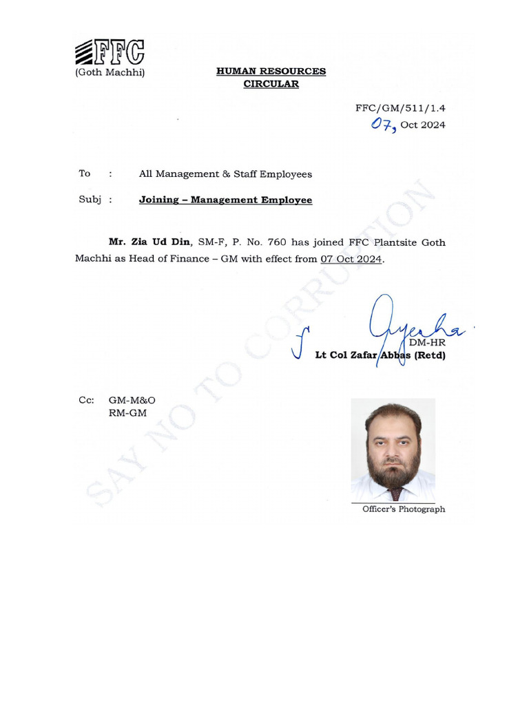 Joining - Management Employee (Mr. Zia Ud Din, SM-Finance) | PDF