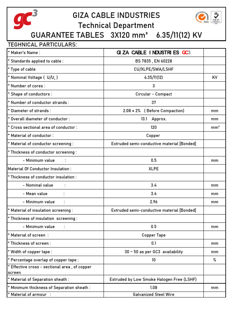 Technical Guarantee 3X120 CU-XLPE-CTS-LSZH-SWA-LSZH 6.35-11 KV | PDF ...
