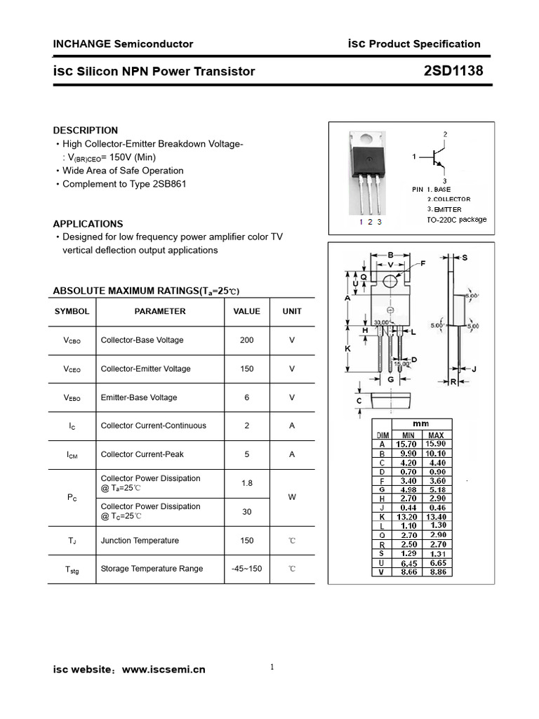 Inchange - Semiconductor 2SD1138 Datasheet | PDF | Bipolar Junction Transistor | Transistor