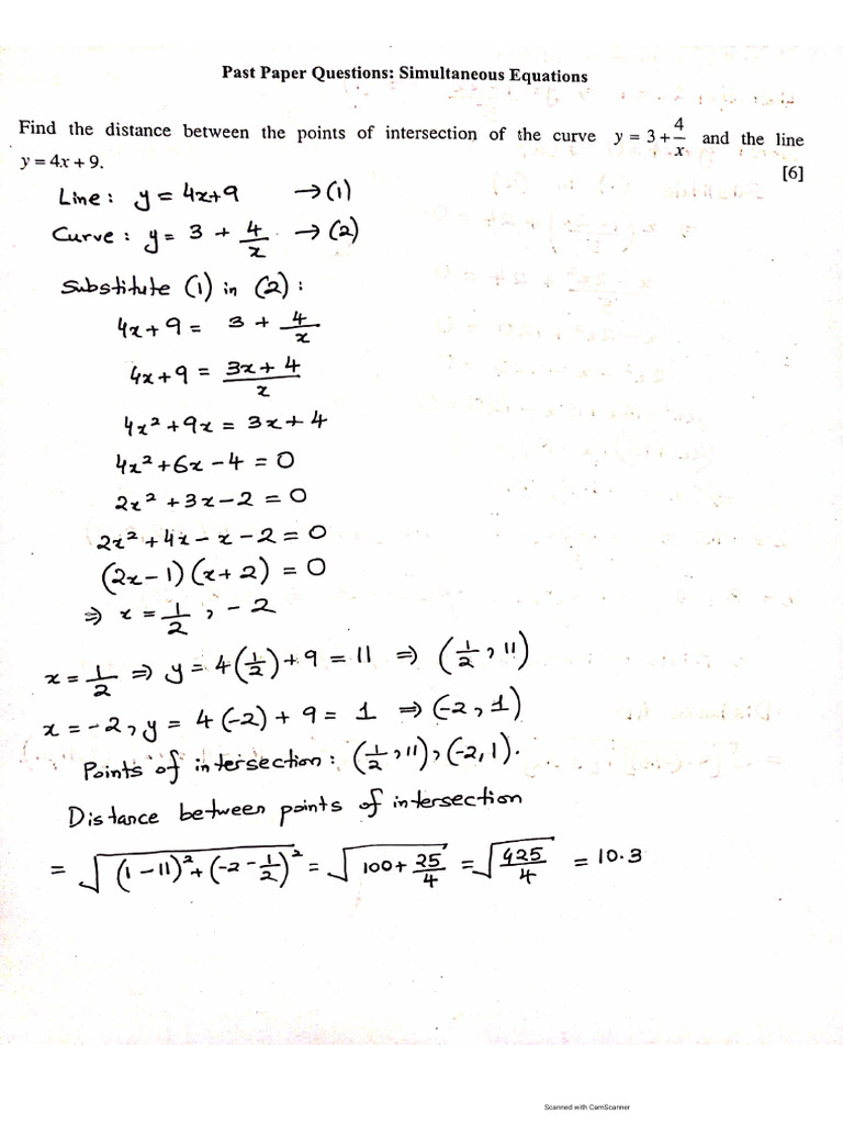 Simultaneous Equations Past Paper Questions Solutions | PDF