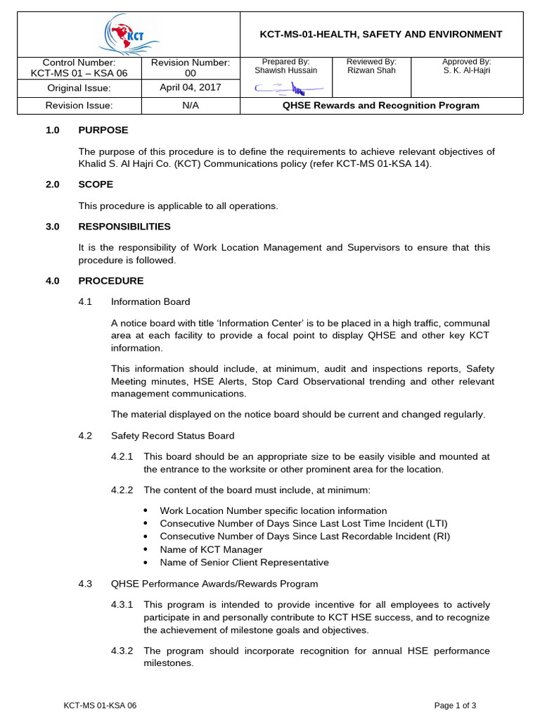 KCT-MS 01 - KSA 06 - QHSE Rewards and Recognition Program | PDF | Economies | Business