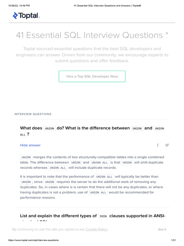 41 Essential SQL Interview Questions and Answers - Toptal® | PDF | Acid | Database Transaction