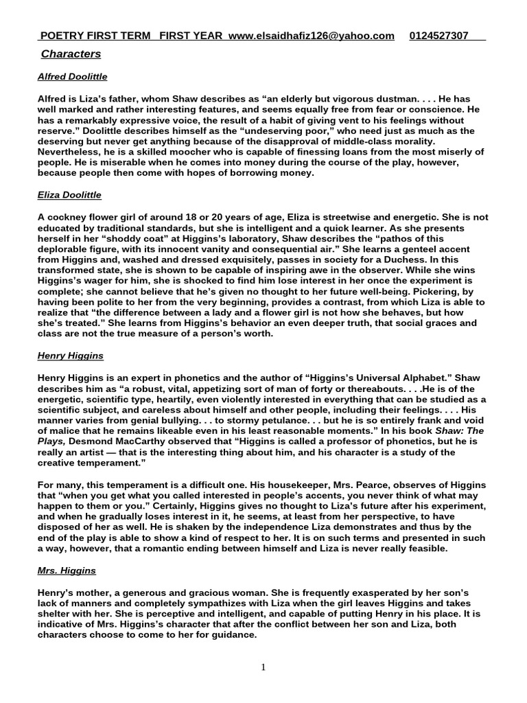 Pygmalion .. Characters | PDF | Pygmalion (Play)