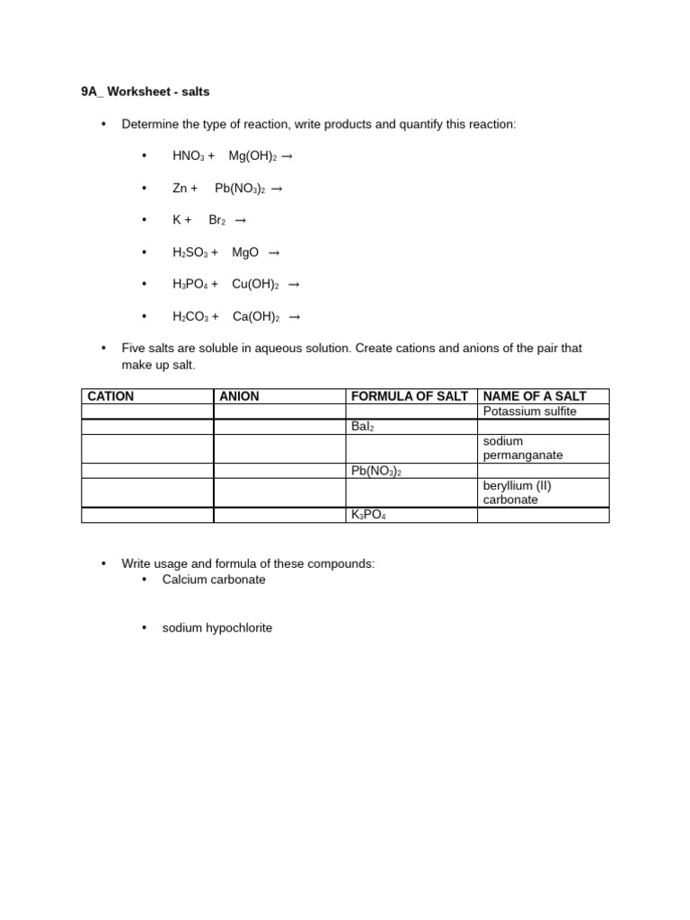 Chemistry Reactions & Salts Worksheet | PDF