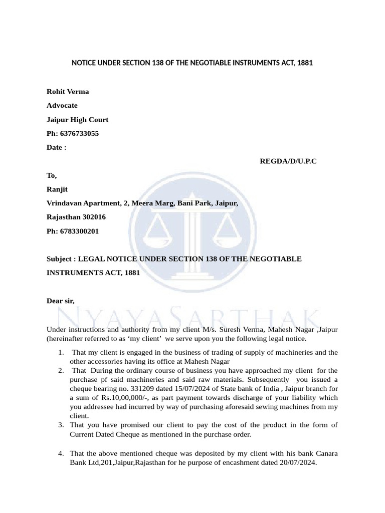 Notice Under Section 138 of The Negotiable Instruments Act | PDF ...
