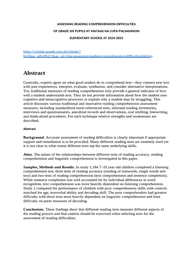 Assessing Reading Comprehension Difficulties Research | PDF | Reading Comprehension | Multiple ...