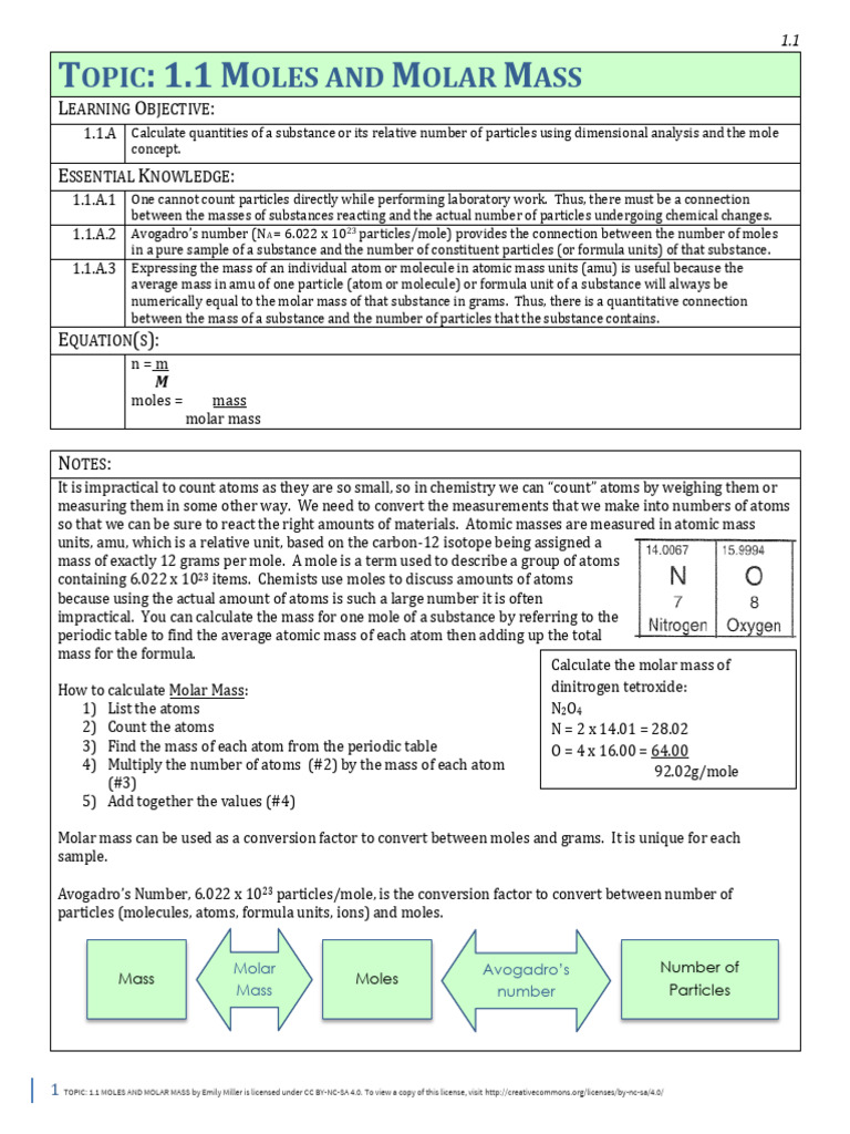 1.1 Moles and Molar Mass Student | PDF | Mole (Unit) | Chemistry