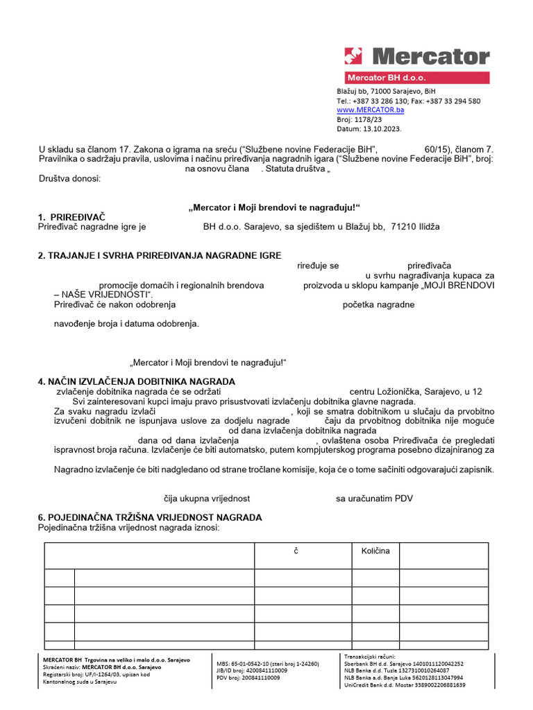 Pravila Nagradne Igre Moji Brendovi 2023 - FBIH 131023.4 (SMS) | PDF