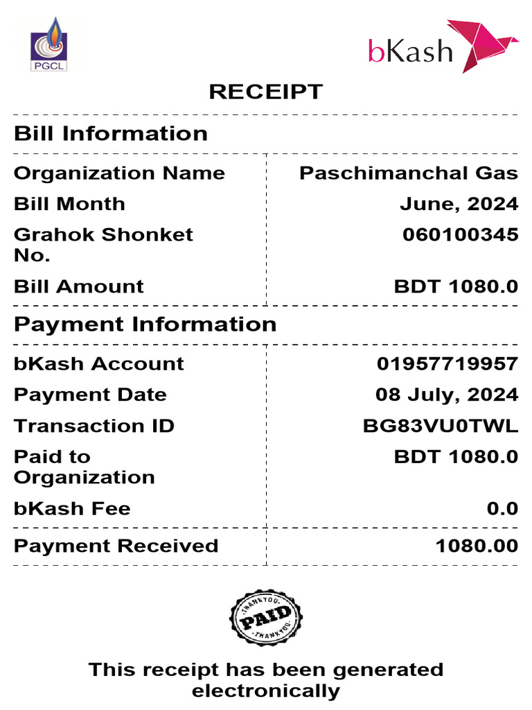 Paschimanchal Gas Bill Receipt - June 2024 | PDF