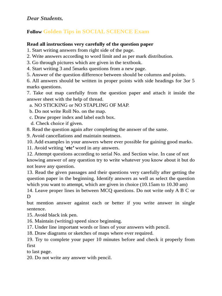 Social Science Exam Tips for Students | PDF