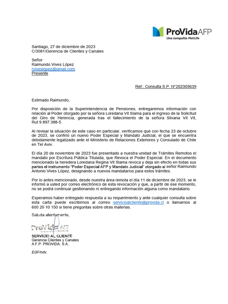 CARTA AFP PROVIDA | PDF