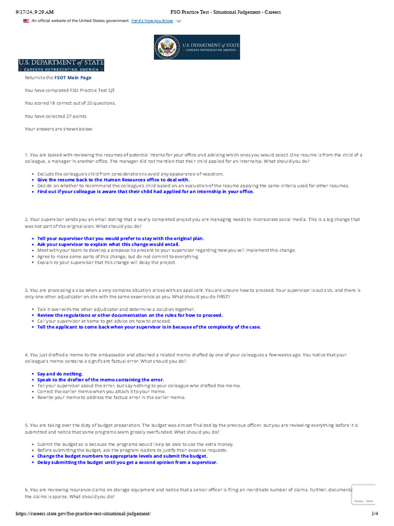 FSO Practice Test - Situational Judgement (Test 1) | PDF | Leadership