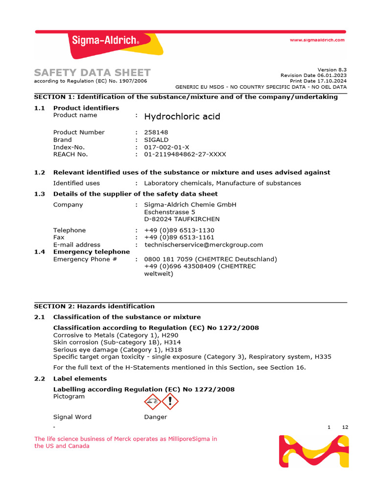 Safety Data Sheet: Hydrochloric Acid | PDF | Occupational Safety And ...