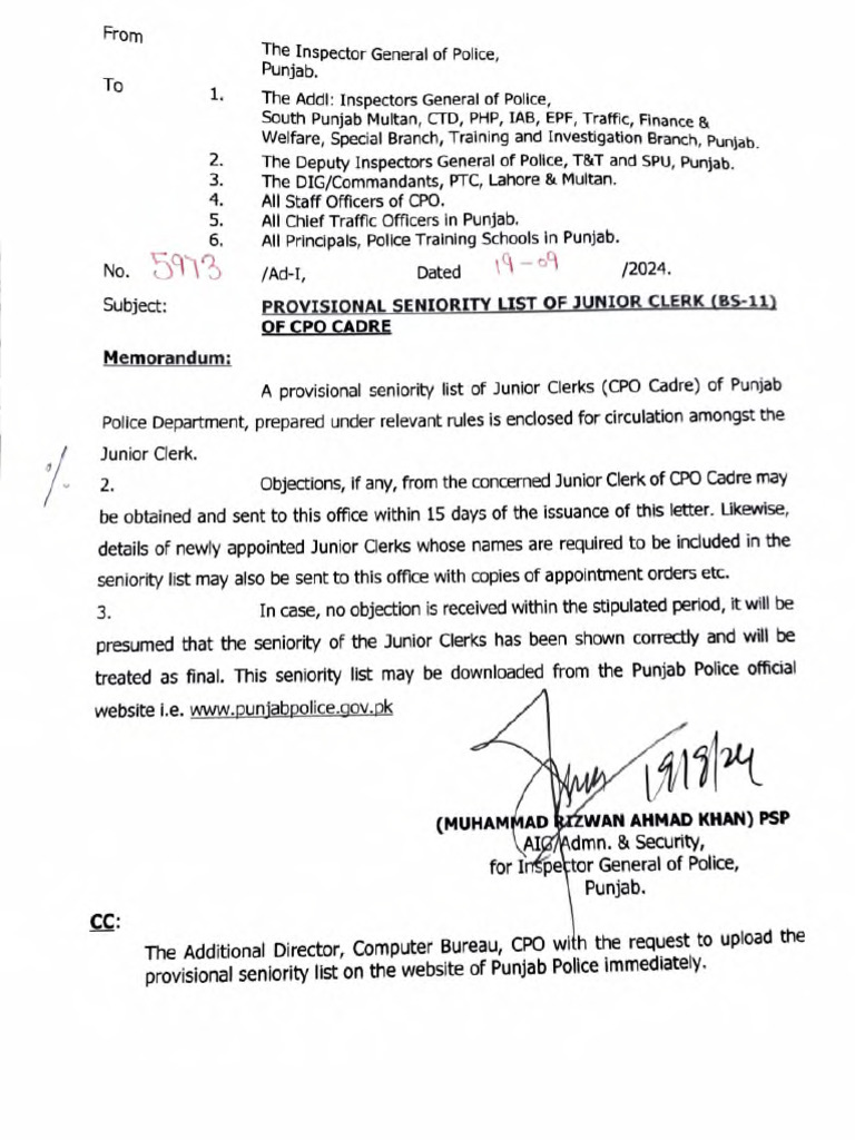 Seniority List of JC | PDF | Inspector