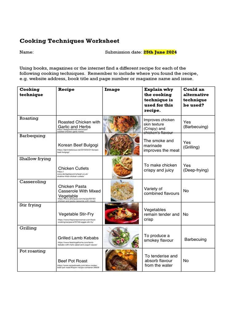 Cooking-Techniques-Worksheet Submission 25th June 2024 | PDF | Grilling ...