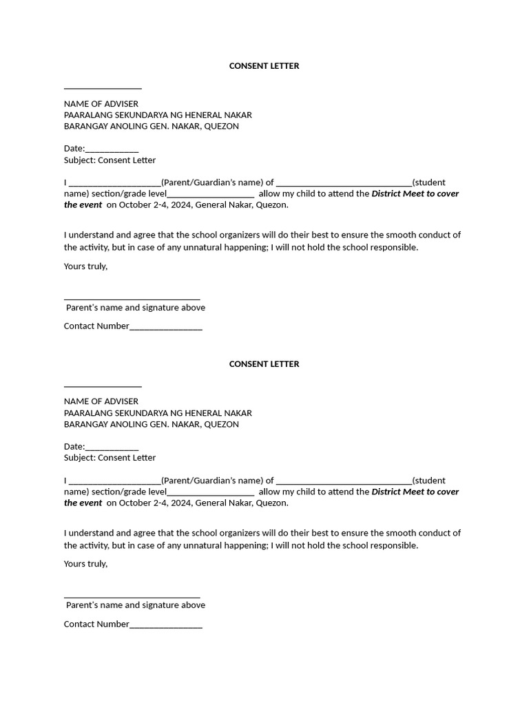 District Meet Consent Letter Template | PDF | Career & Growth | Wellness