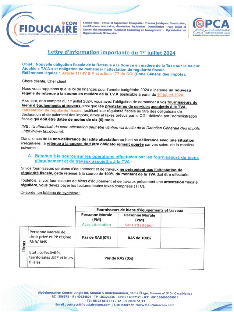 Lettre D'informations Concernant La TVA Retenue À La Source LOI DE FINANCE 2024 | PDF