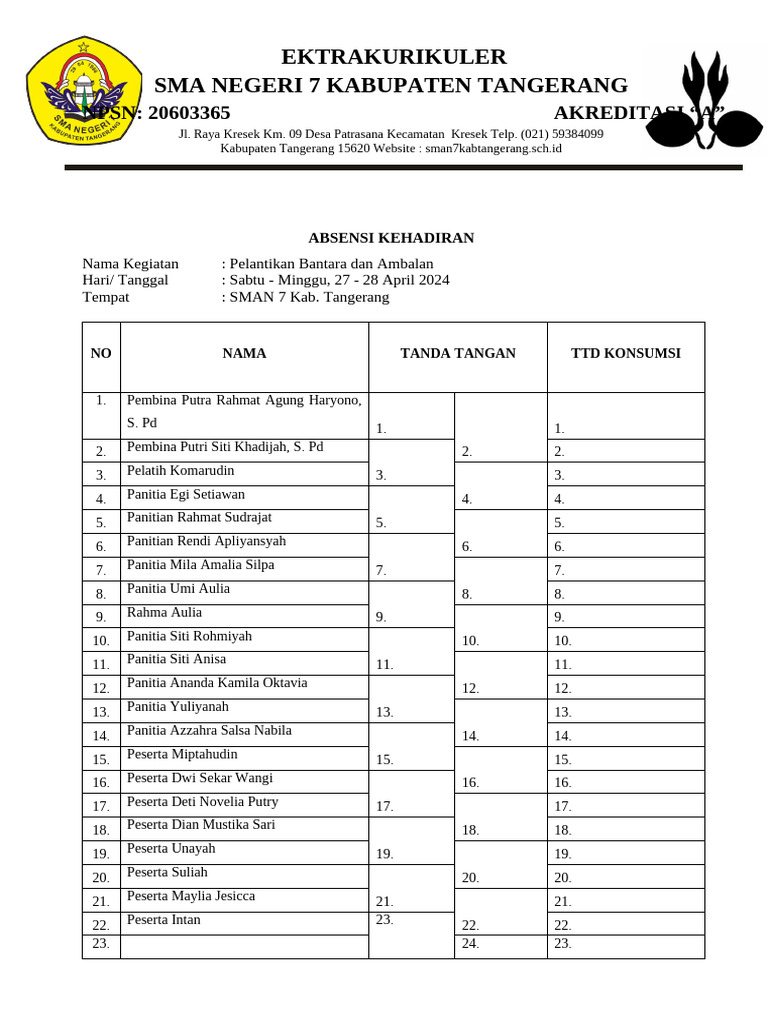 ABSENSI KEHADIRAN KEGIATAN EKSTRAKURIKULER 2024 | PDF