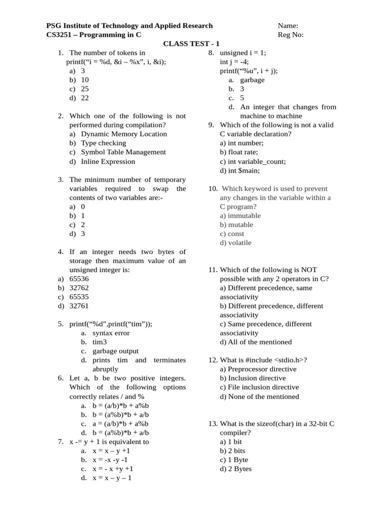 Class Test 1 Q Paper | PDF | Integer (Computer Science) | Software