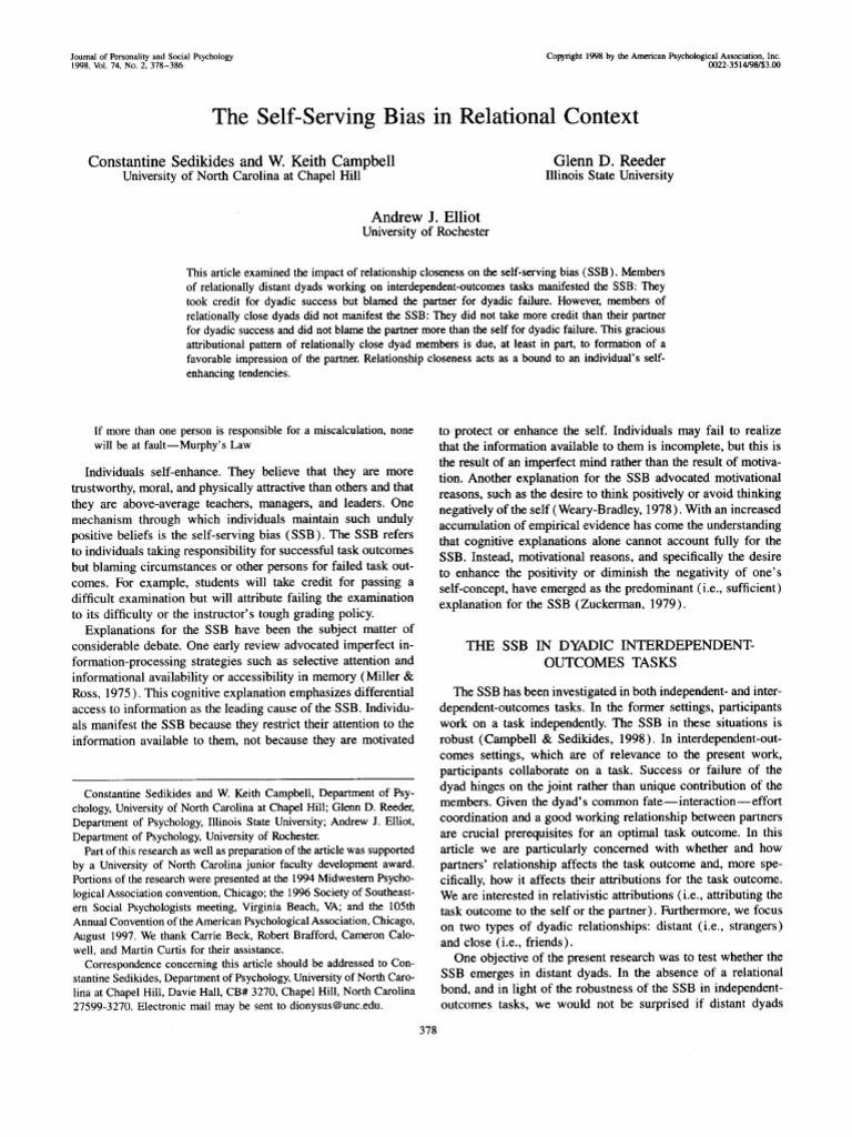 The Self Serving Bias In Relational Context Pdf Hypothesis Psychology