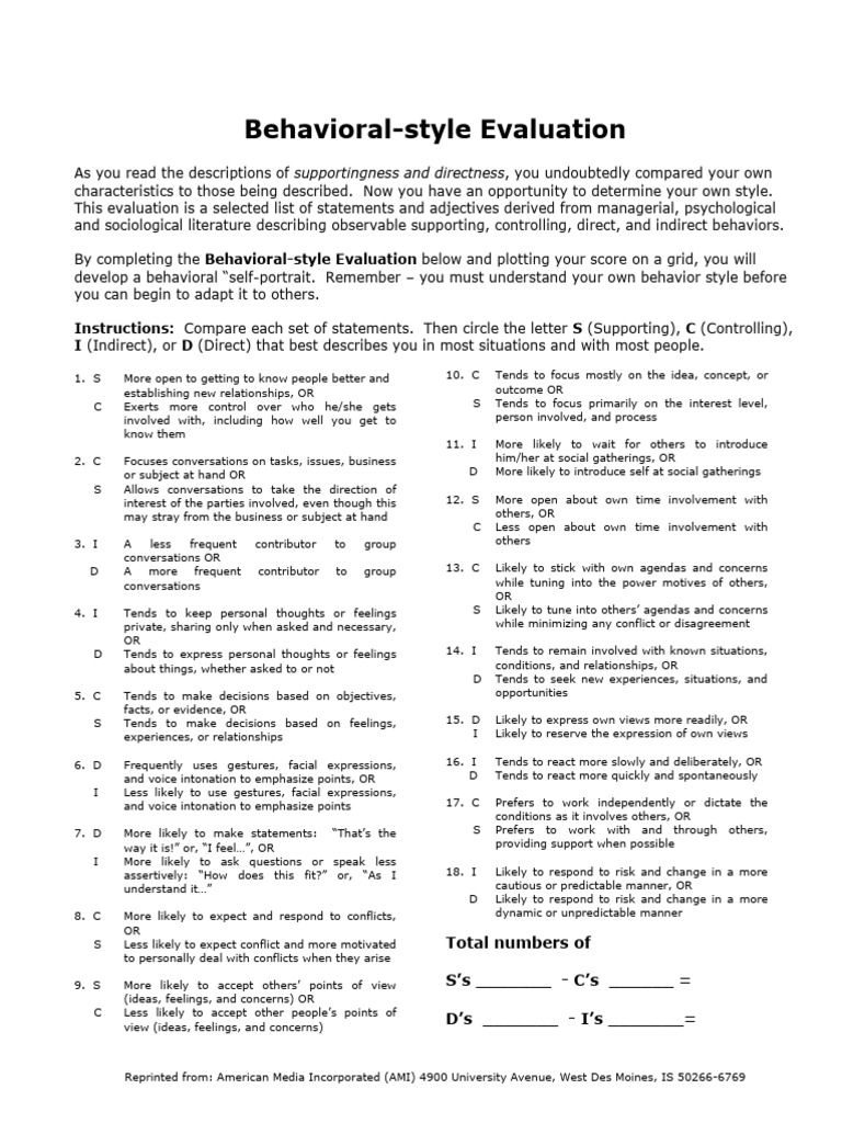 Behavioral Style Self-Evaluation Guide | PDF | Behavior | Thought