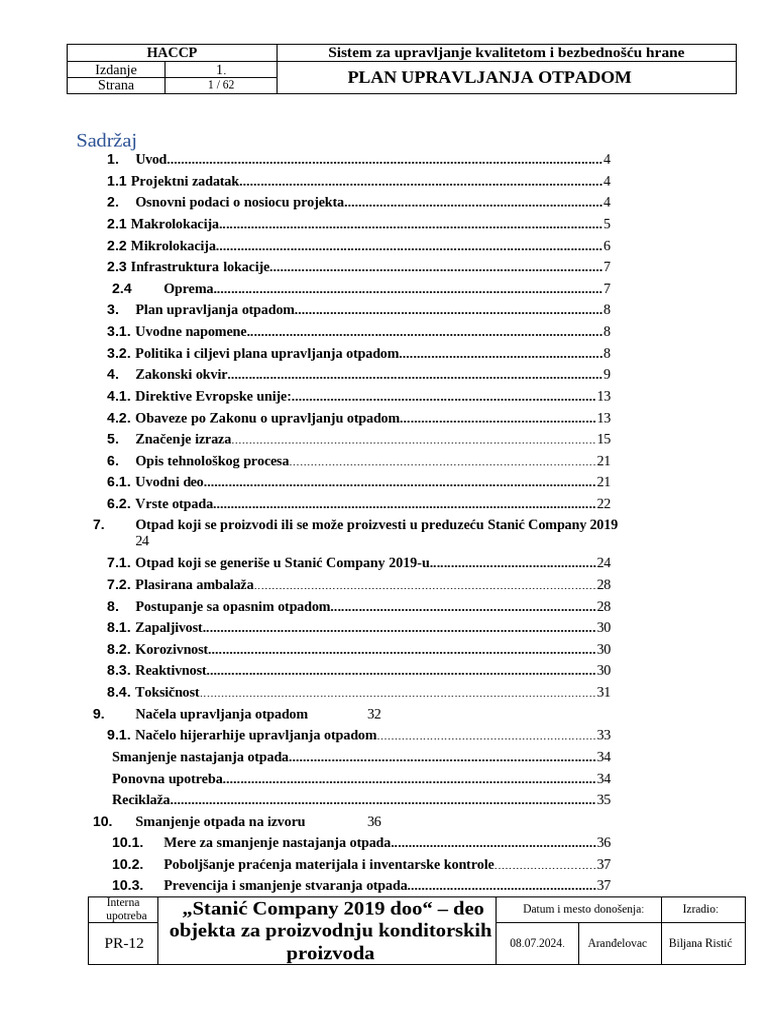Plan Upravljanja Otpadom | PDF