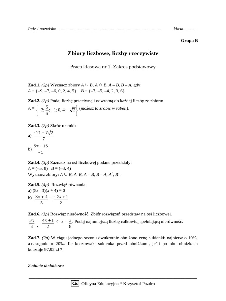 Zbiory Liczbowe-Klasowka-P1-B | PDF
