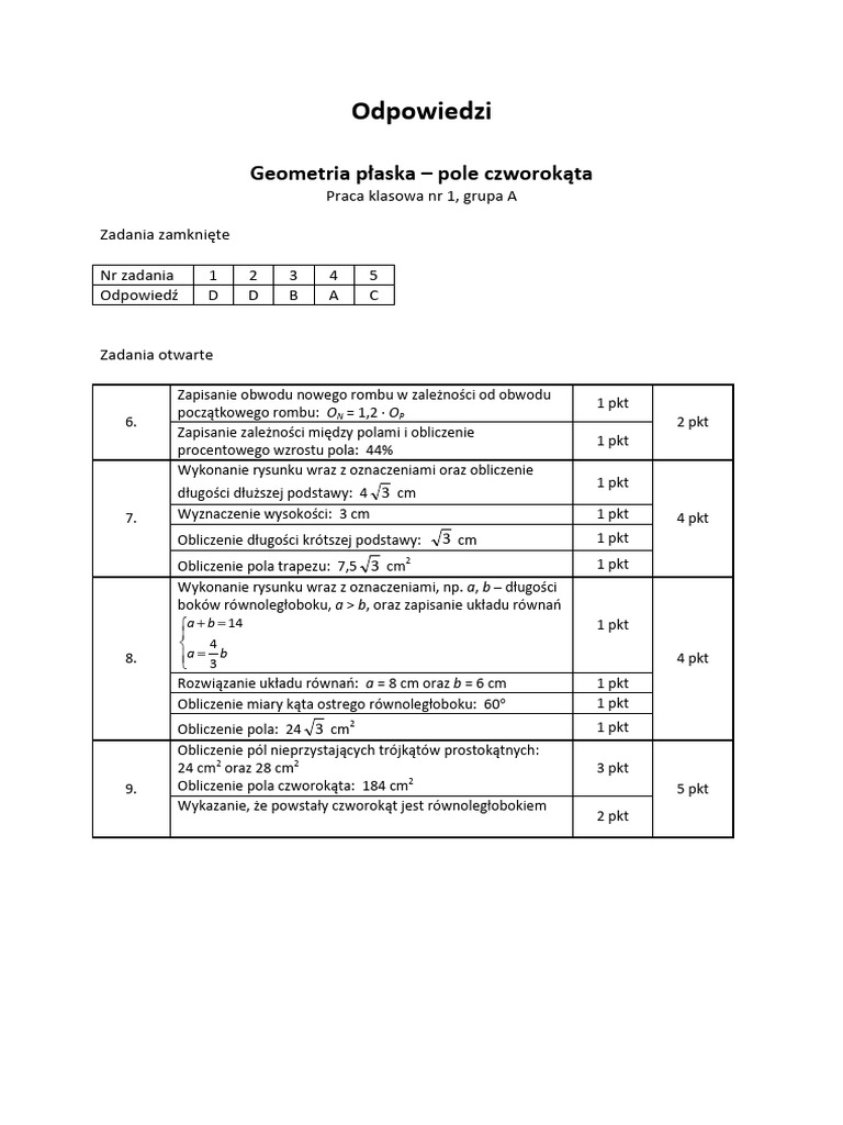 Klasowki Odpowiedzi kl2 Geometria Plaska Pole Czworokata ZP | PDF