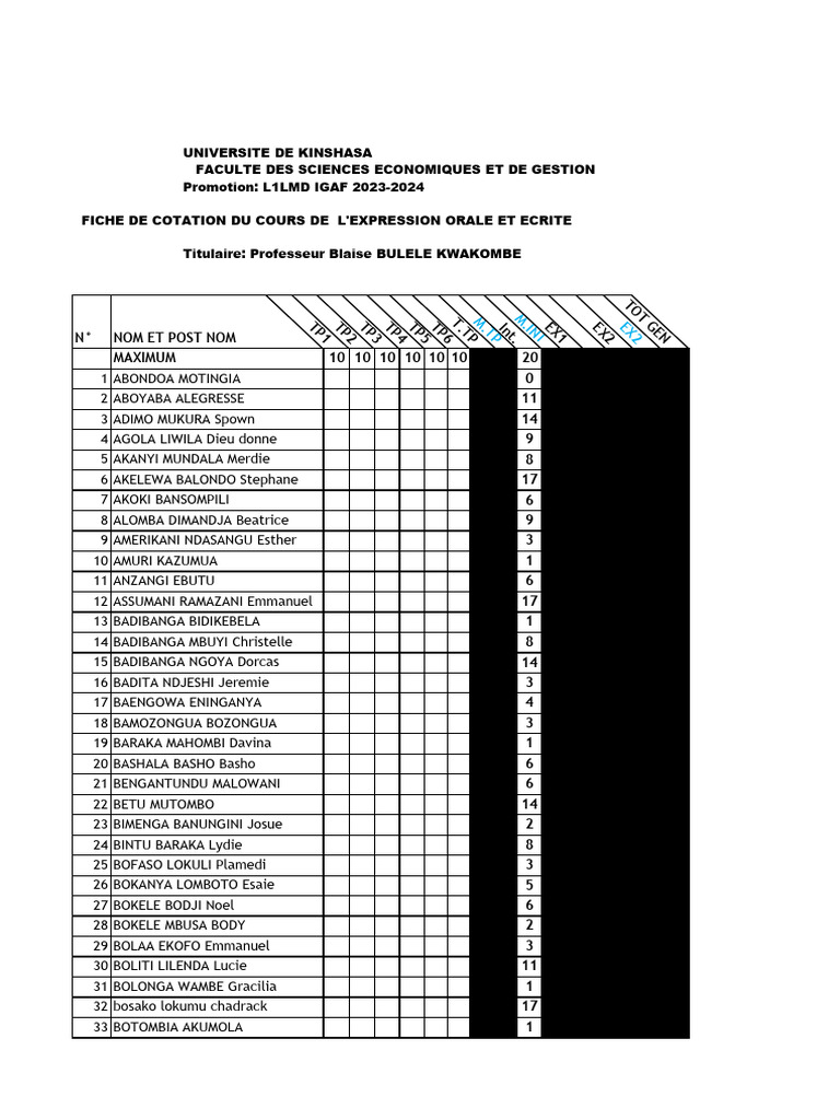 Fiche de Cotation L1 LMD Economie Igaf 2024 | PDF