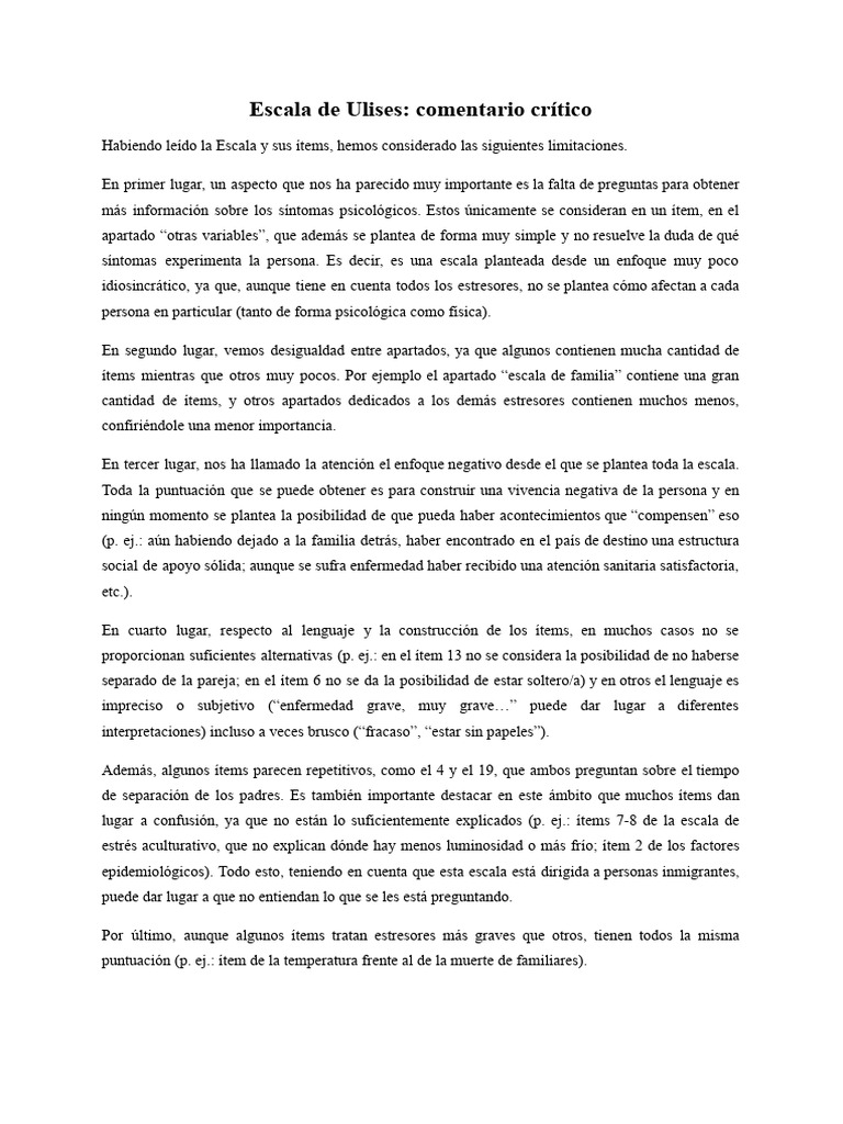 Comentario Crítico Escala de Ulises | PDF | Conceptos psicologicos | Sicología