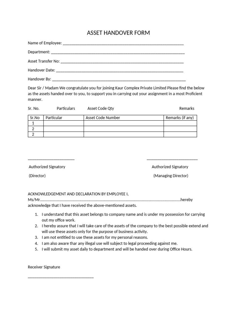 ASSET HANDOVER FORM | PDF