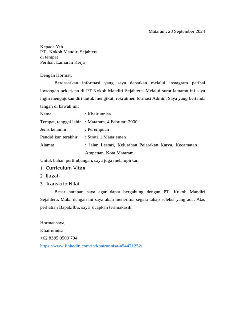 Contoh Surat Lamaran ADMIN | PDF