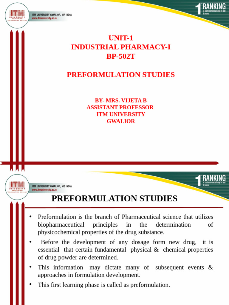 Preformulation Studies Itm 1 | PDF | Pharmaceutical Formulation | Chemistry