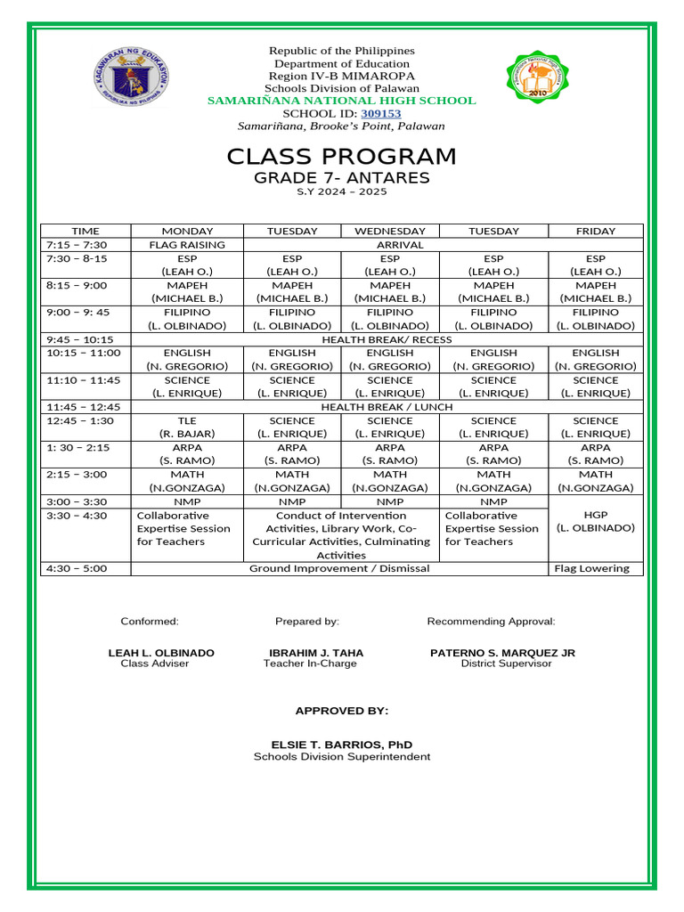 Samariñana National High School Class Program | PDF | Government Institutions | Asia