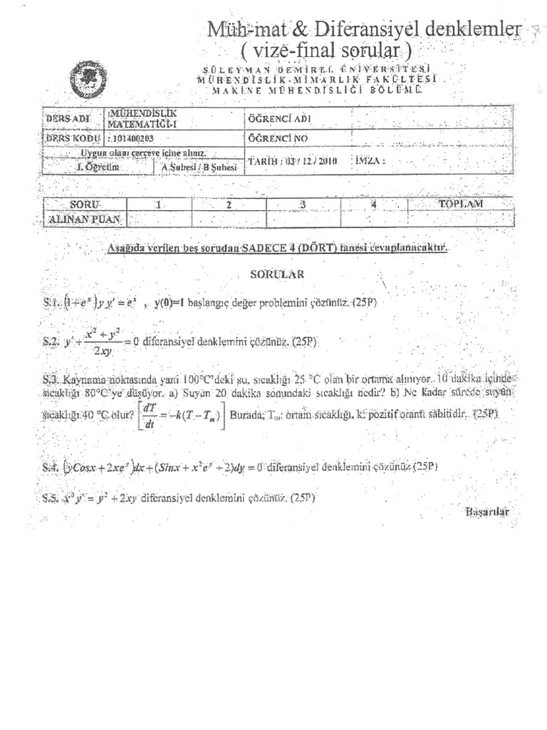 Sdu-Diferansiyel Denk. Vize Final+ | PDF