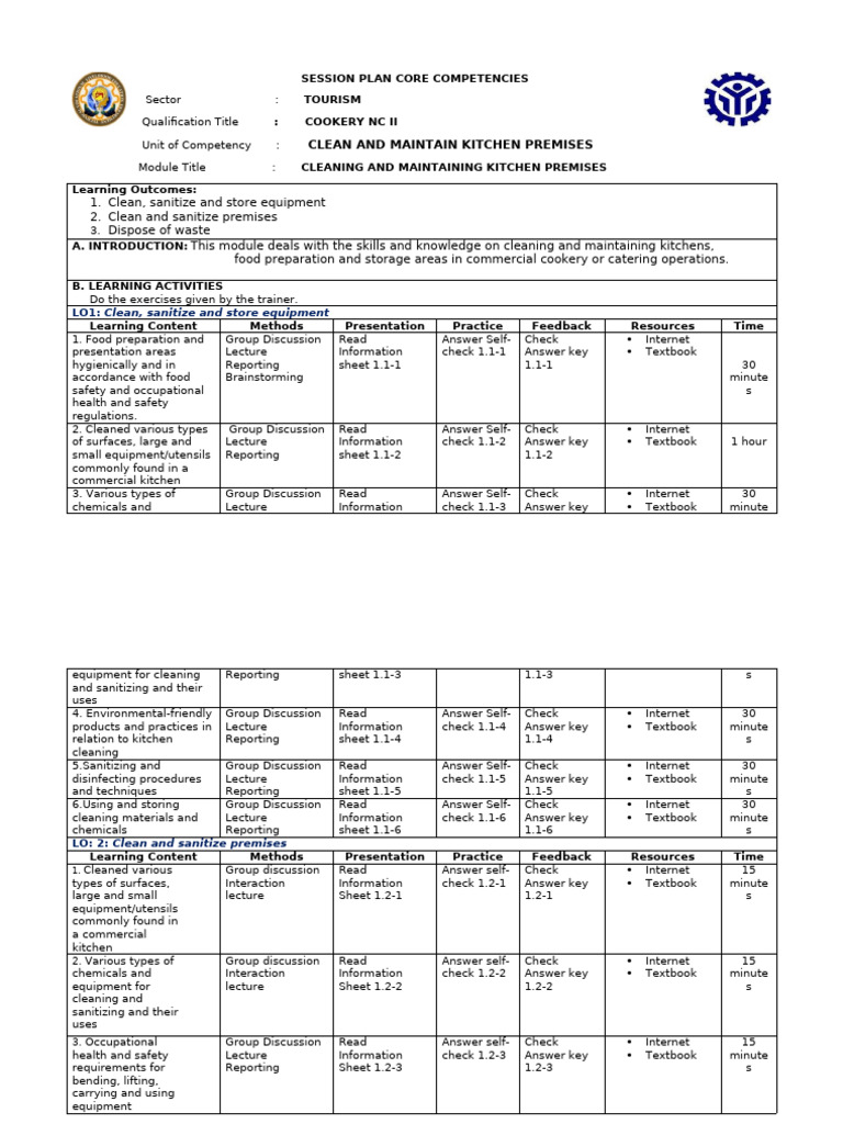 Session Plan 1 Clean and Maintain Kitchen Premises | PDF | Lecture | Hygiene