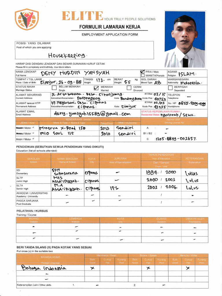 Form Lamaran Pekerjaan Karyawan Eks - CPS Area LP Paskal Bandung | PDF