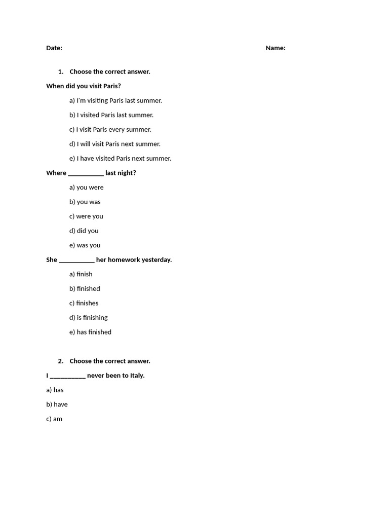 Past Simple and Present Perfect Test | PDF