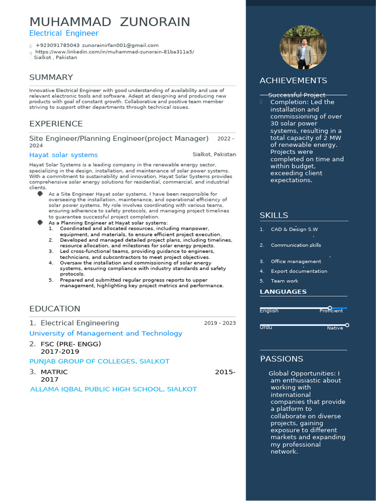Muhammad Zunorain Resume | PDF | Pakistan | Renewable Energy