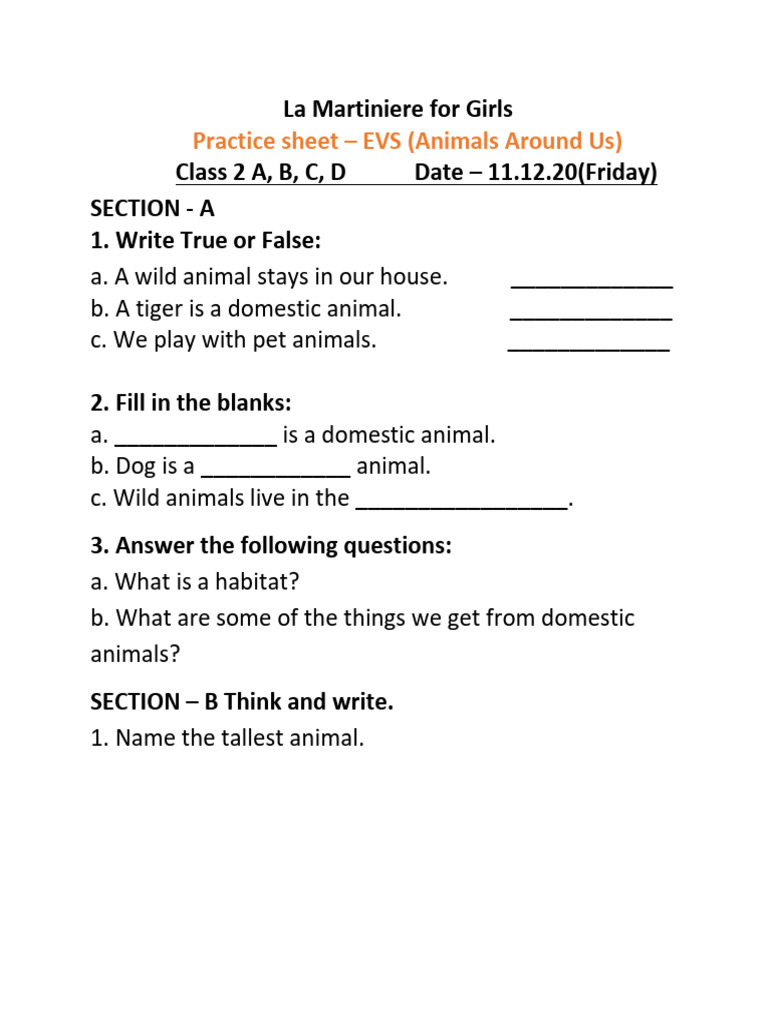 EVS - Practice Sheet (Animals Around Us) | PDF