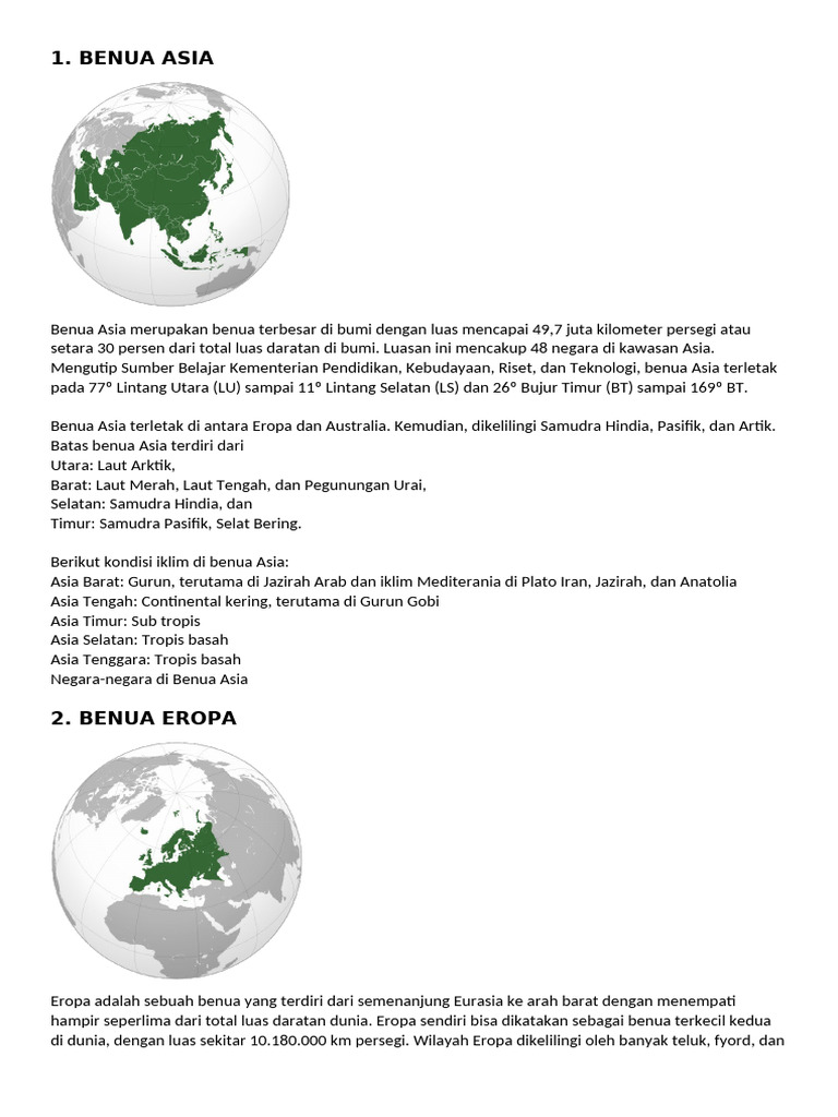 Benua-Benua di Dunia: Ukuran dan Lokasi | PDF