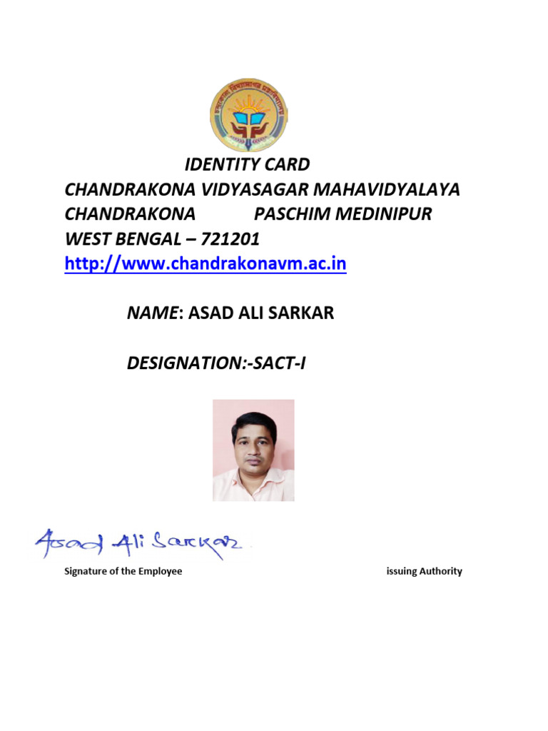 Asad Ali Sarkar's ID Card Details | PDF