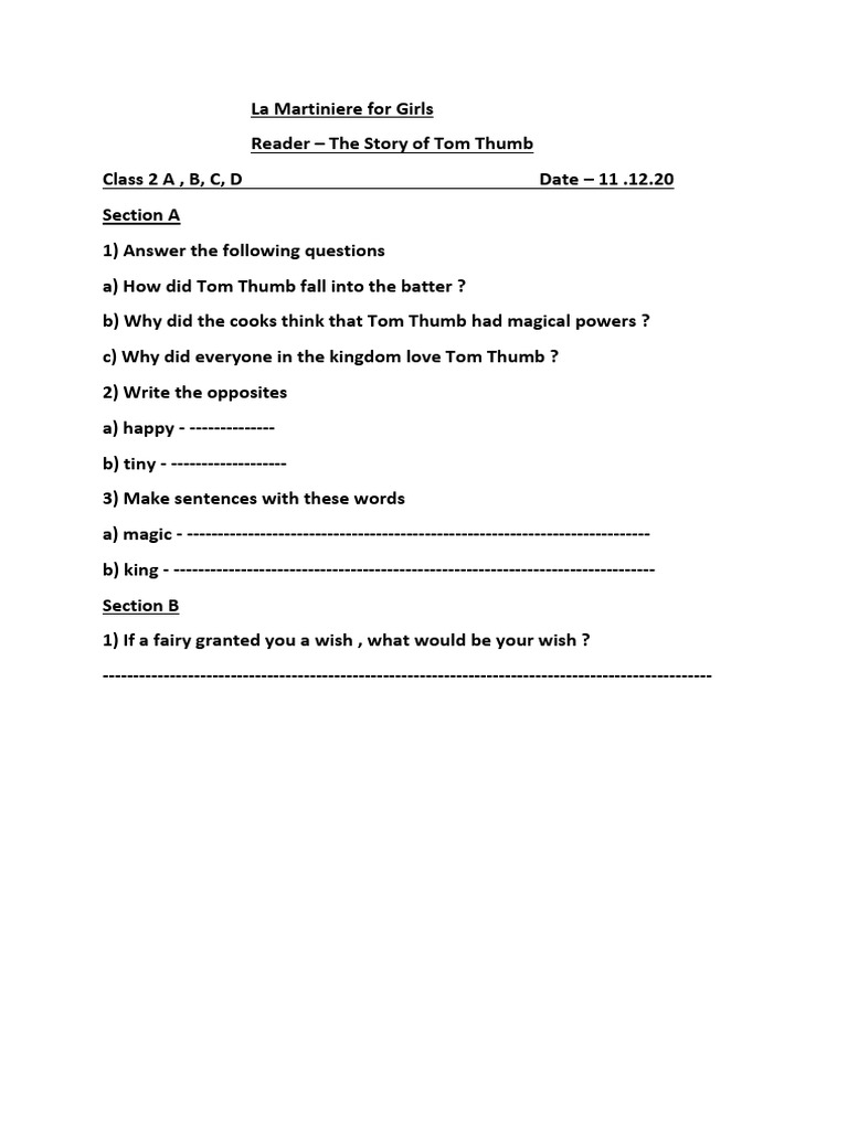 Practice Sheet The Story of Tom Thumb | PDF | History