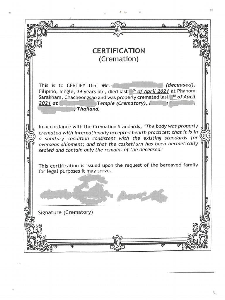Cremation Certificate (Sample) | PDF