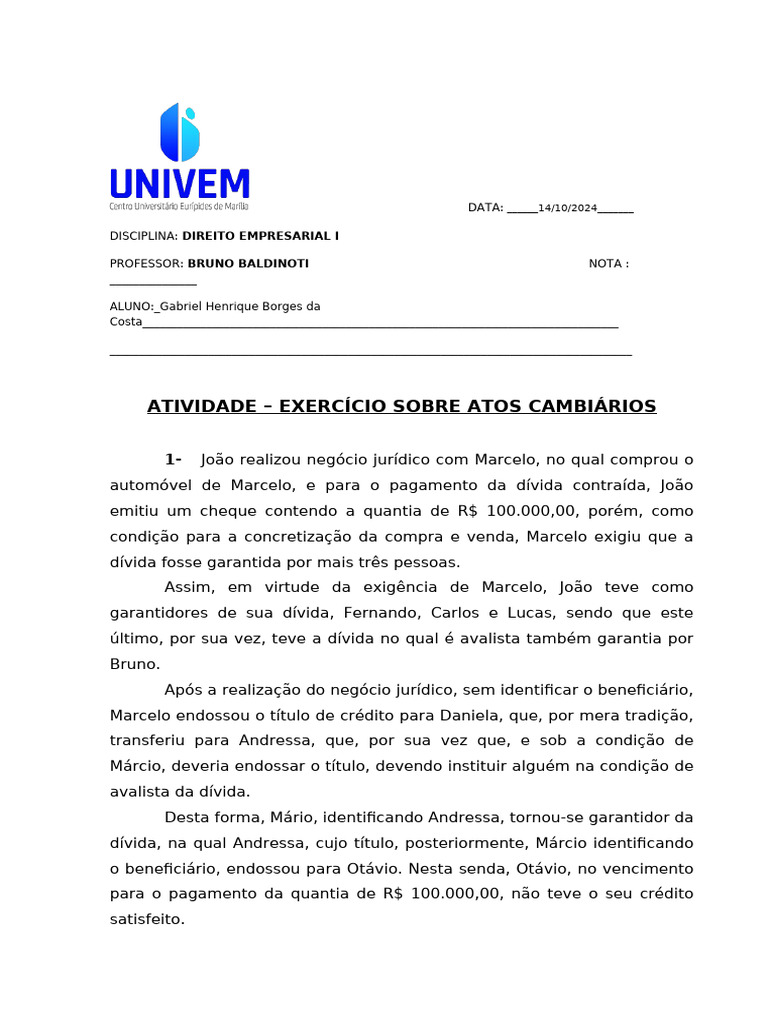 Atividade 08 | PDF | Cheque (banco)