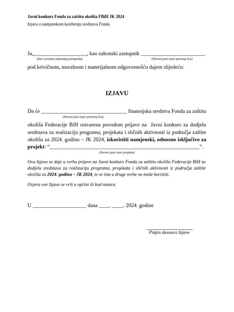 D Izjava o Namjenskom Koristenju Sredstava JK 2024 | PDF