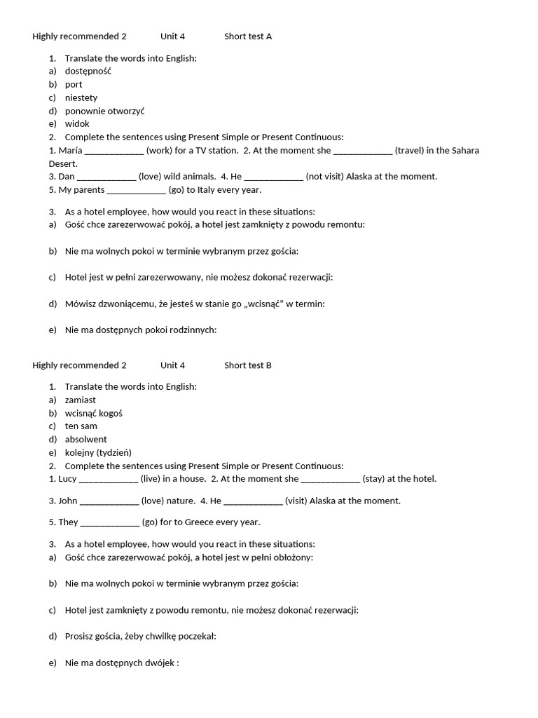 Unit 4 Short Test | PDF